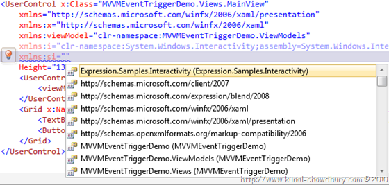 Using EventTrigger in XAML for MVVM – No Code Behind Code